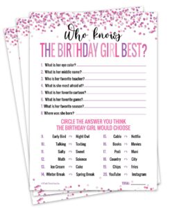 30 who knows the birthday girl best game cards- for child or teen- fun and easy game for party or sleepover- girl birthday supplies, activity, decorations