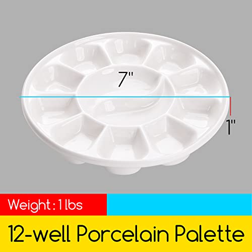 MEEDEN 12-Well Round Porcelain Watercolor Paint Palette for Watercolor Gouache Acrylic Oil Painting, 7-Inch