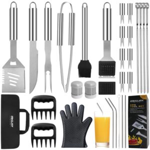 grilljoy 30pcs bbq grill tools set with meat claws - extra thick steel spatula, fork& tongs - complete grilling accessories in portable bag - perfect grill gifts for men and women