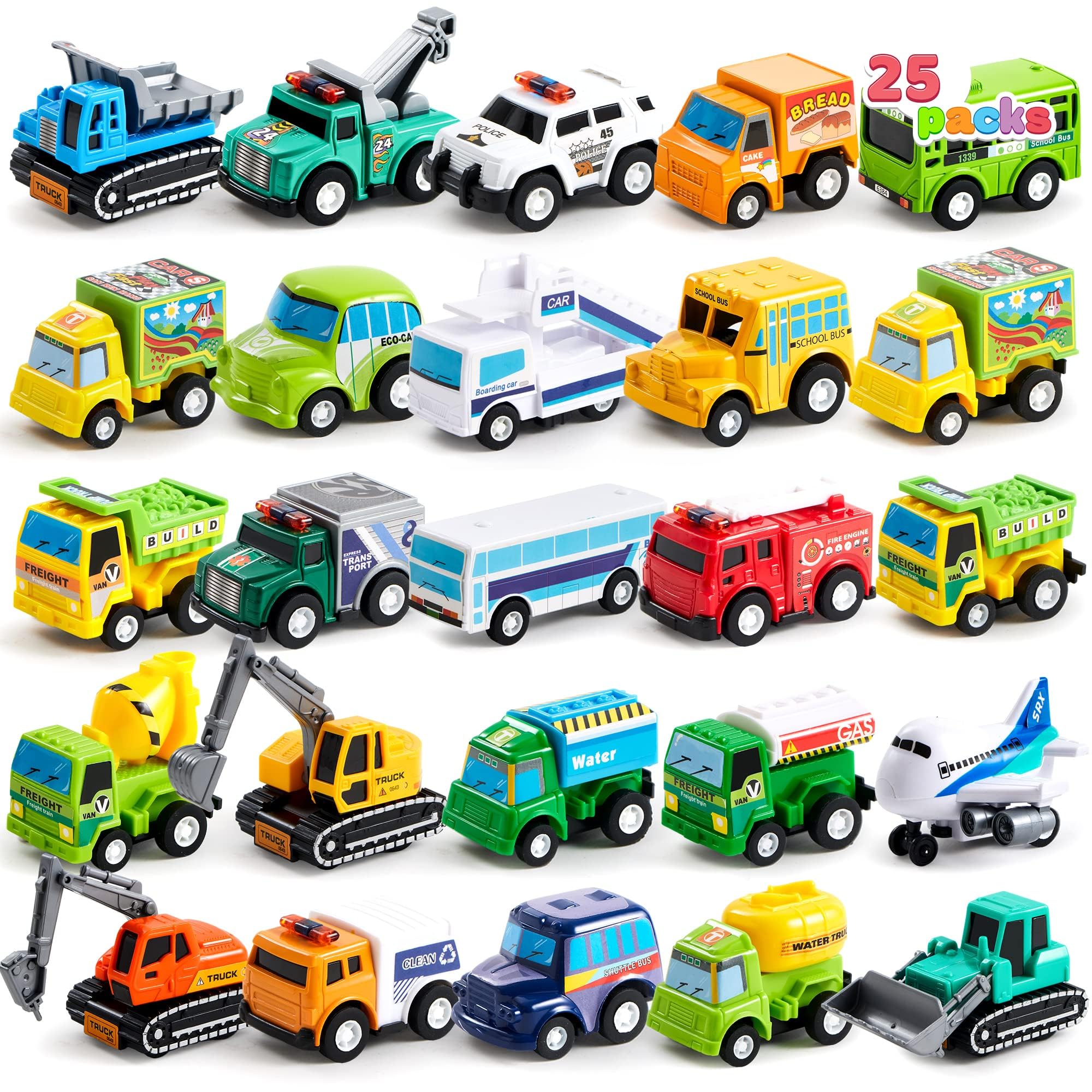 JOYIN 25 Pieces Pull Back Cars and Trucks Toy Vehicles Set for Toddlers, Girls and Boys Kids Play Set, Die-Cast Car Set, Kids Party Favors, Stocking Stuffers, Kids Presents Toys