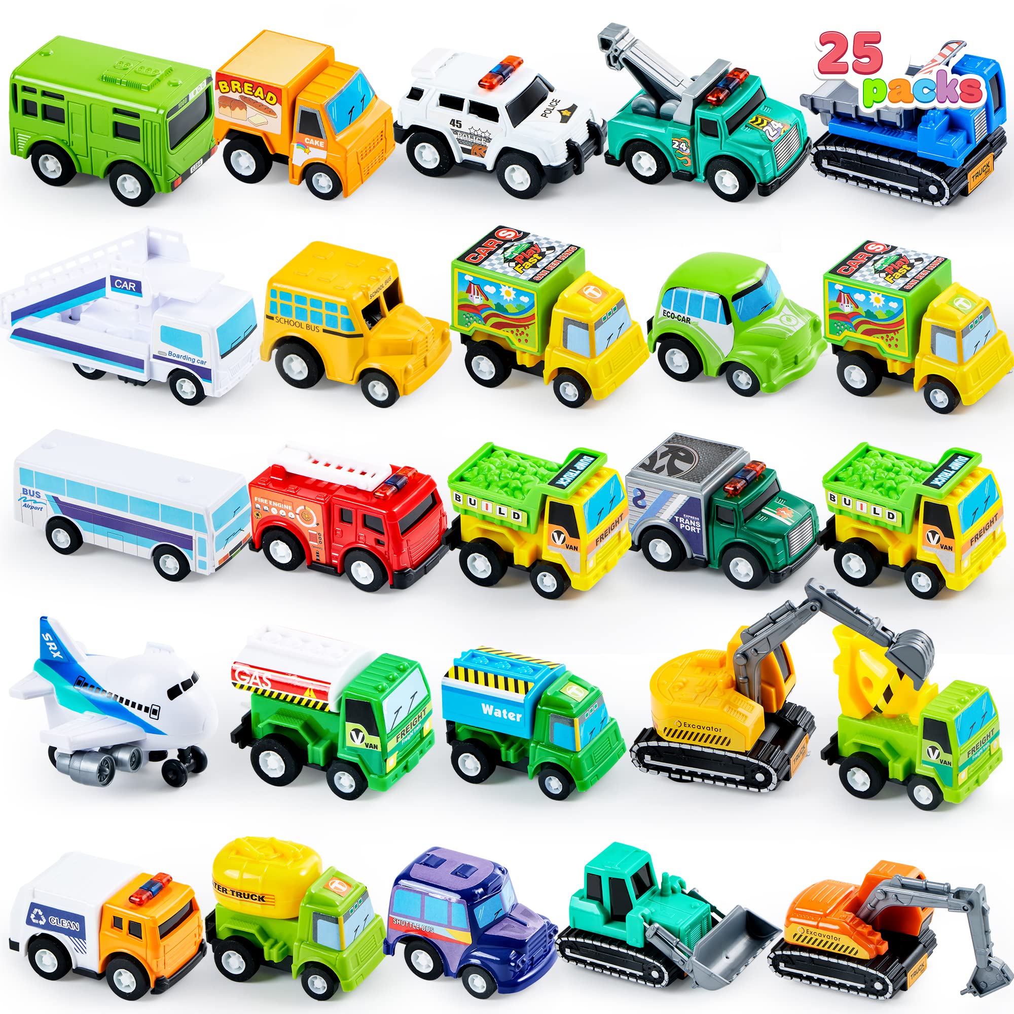 JOYIN 25 Pieces Pull Back Cars and Trucks Toy Vehicles Set for Toddlers, Girls and Boys Kids Play Set, Die-Cast Car Set, Kids Party Favors, Stocking Stuffers, Kids Presents Toys