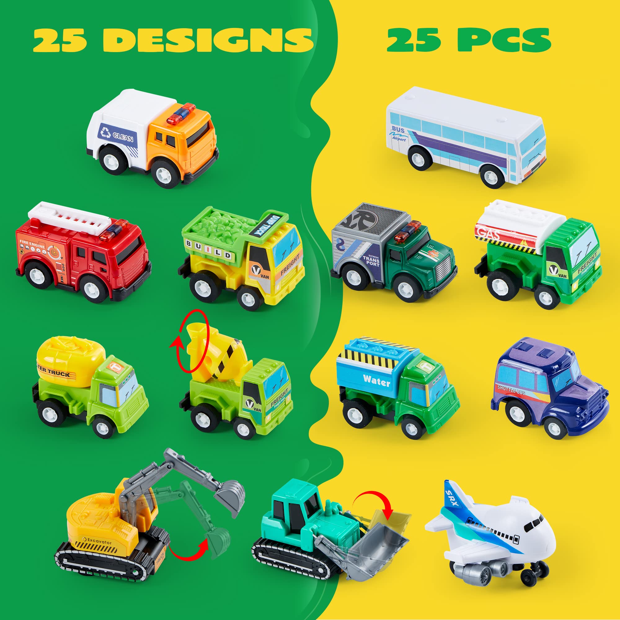 JOYIN 25 Pieces Pull Back Cars and Trucks Toy Vehicles Set for Toddlers, Girls and Boys Kids Play Set, Die-Cast Car Set, Kids Party Favors, Stocking Stuffers, Kids Presents Toys