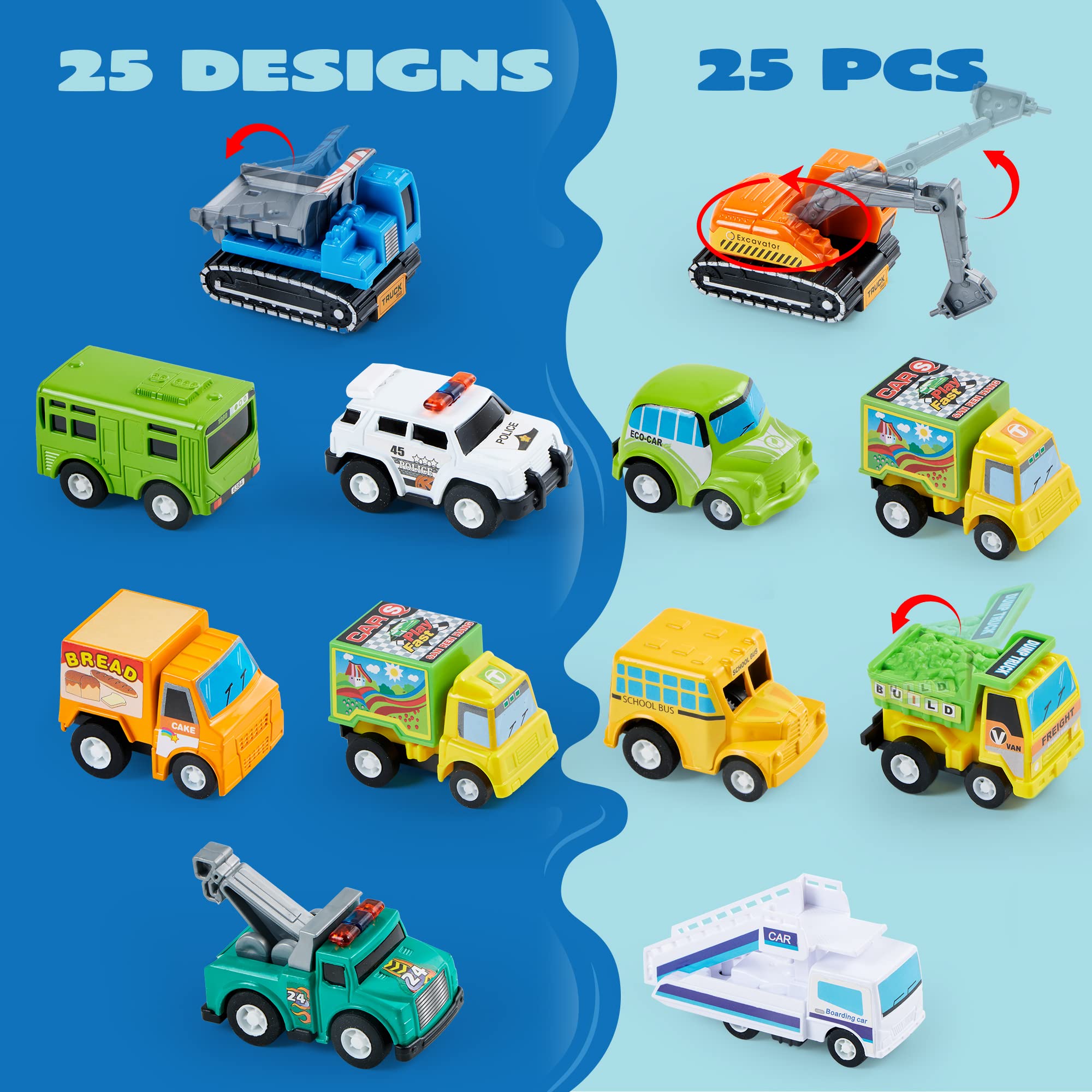 JOYIN 25 Pieces Pull Back Cars and Trucks Toy Vehicles Set for Toddlers, Girls and Boys Kids Play Set, Die-Cast Car Set, Kids Party Favors, Stocking Stuffers, Kids Presents Toys