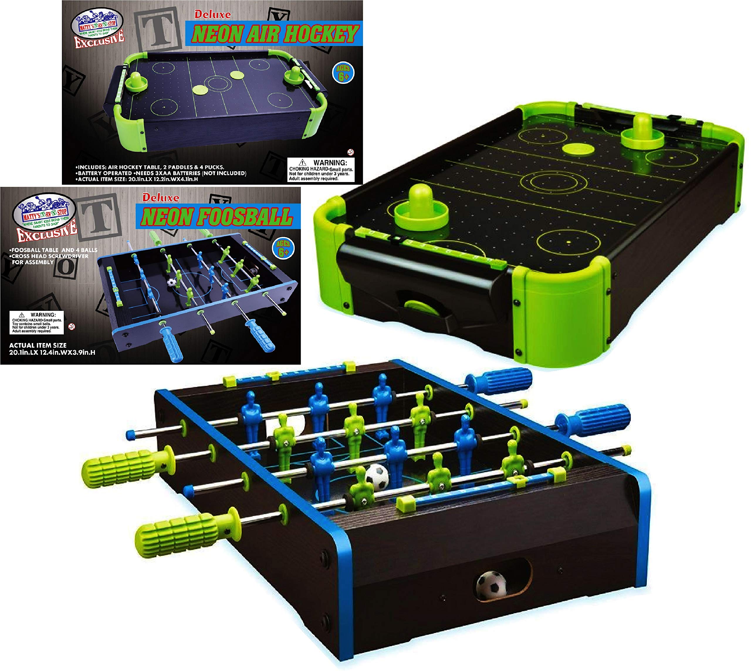 Matty's Toy Stop Deluxe 20" Wooden Tabletop NEON Air Hockey (Extra Pucks) & NEON Foosball (Soccer) (Extra Balls) Games Gift Set Bundle - 2 Pack