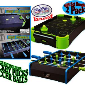 Matty's Toy Stop Deluxe 20" Wooden Tabletop NEON Air Hockey (Extra Pucks) & NEON Foosball (Soccer) (Extra Balls) Games Gift Set Bundle - 2 Pack