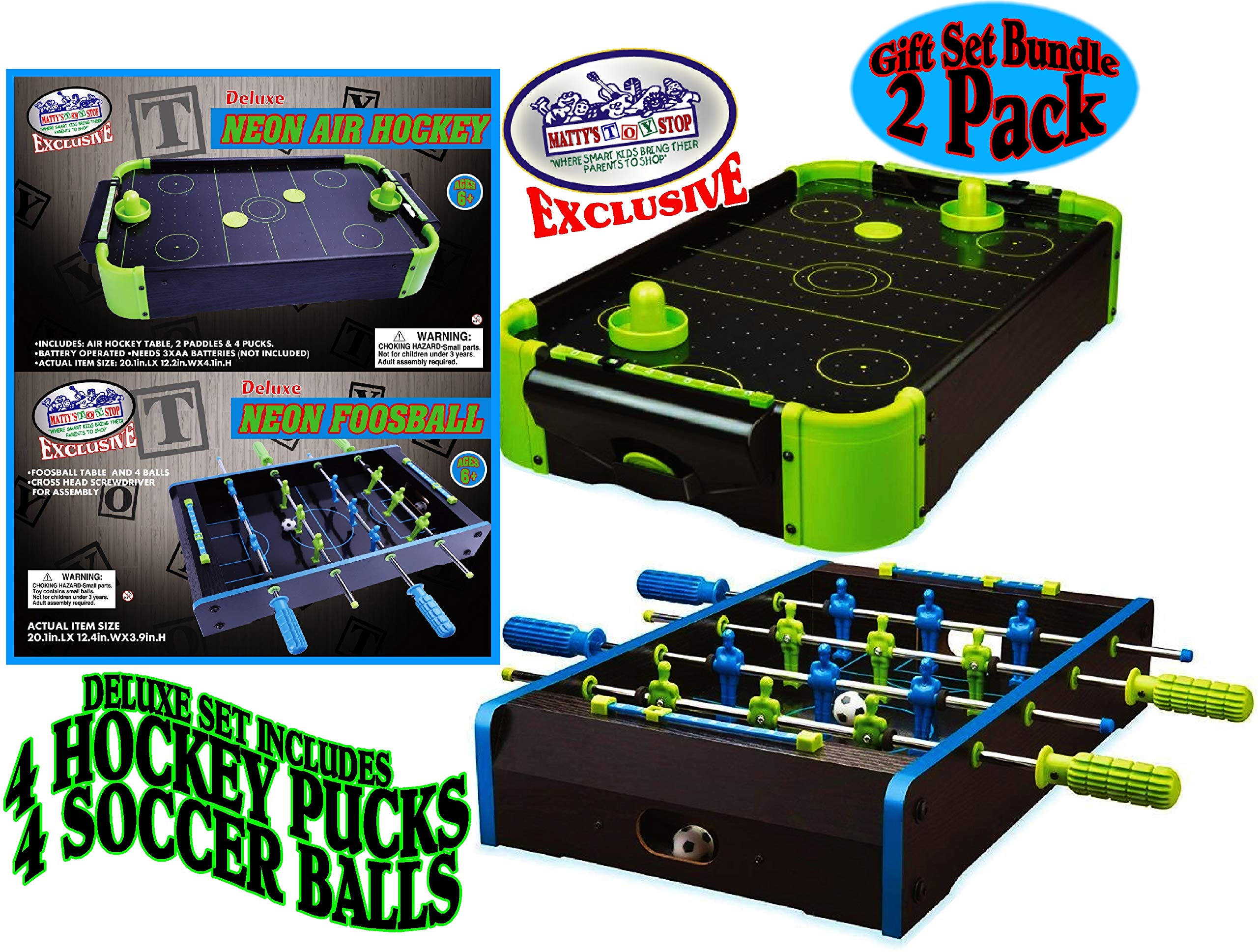 Matty's Toy Stop Deluxe 20" Wooden Tabletop NEON Air Hockey (Extra Pucks) & NEON Foosball (Soccer) (Extra Balls) Games Gift Set Bundle - 2 Pack