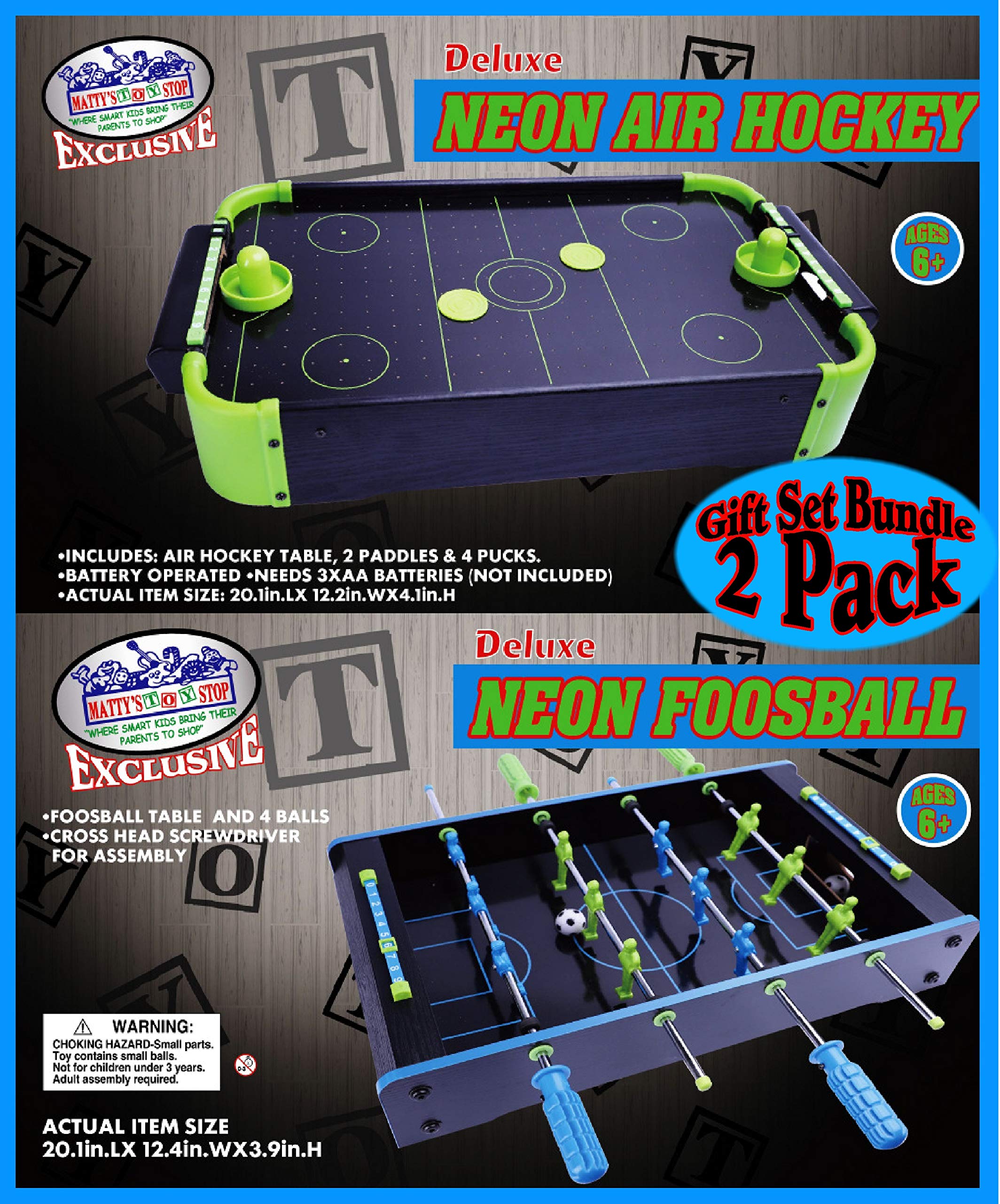 Matty's Toy Stop Deluxe 20" Wooden Tabletop NEON Air Hockey (Extra Pucks) & NEON Foosball (Soccer) (Extra Balls) Games Gift Set Bundle - 2 Pack