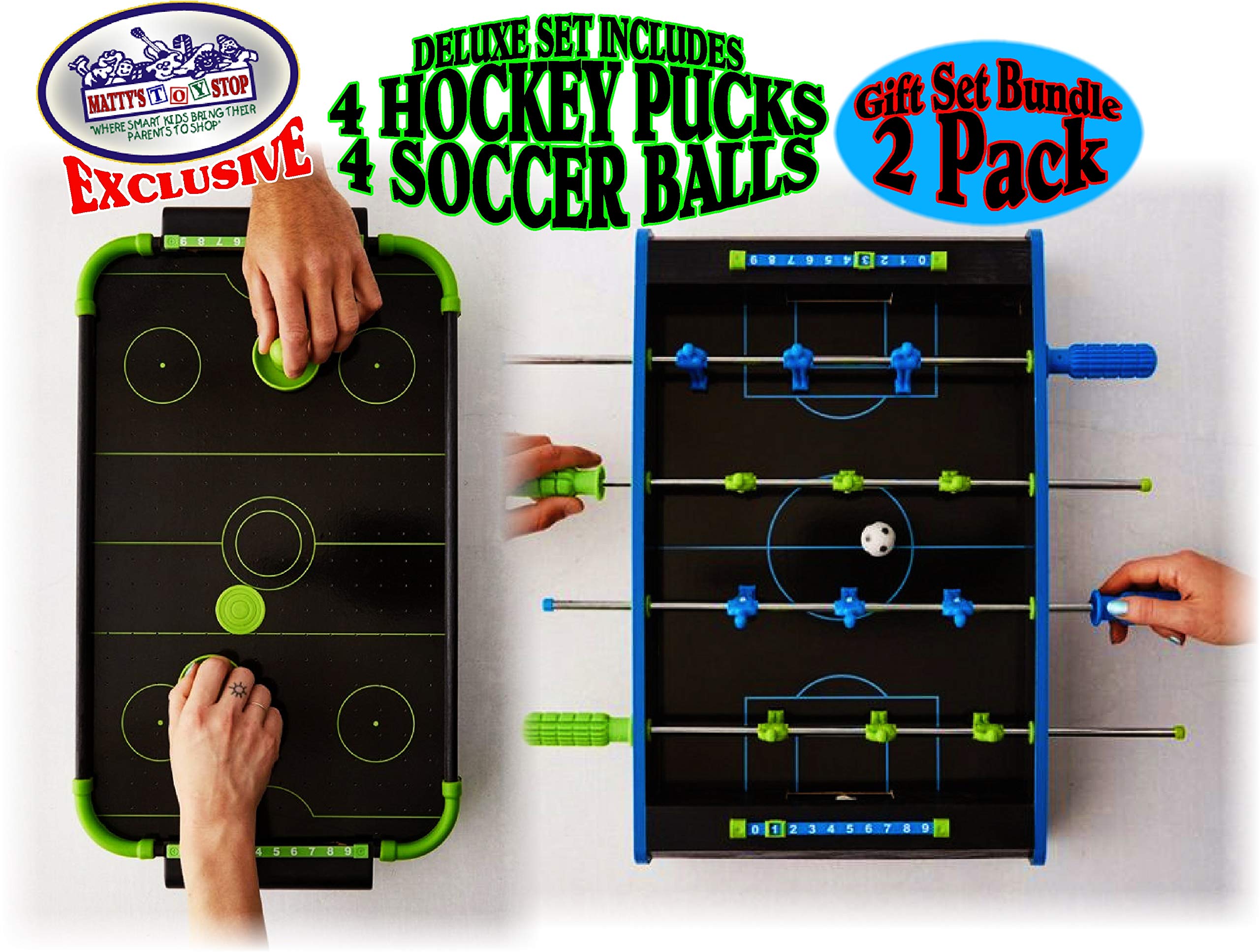 Matty's Toy Stop Deluxe 20" Wooden Tabletop NEON Air Hockey (Extra Pucks) & NEON Foosball (Soccer) (Extra Balls) Games Gift Set Bundle - 2 Pack