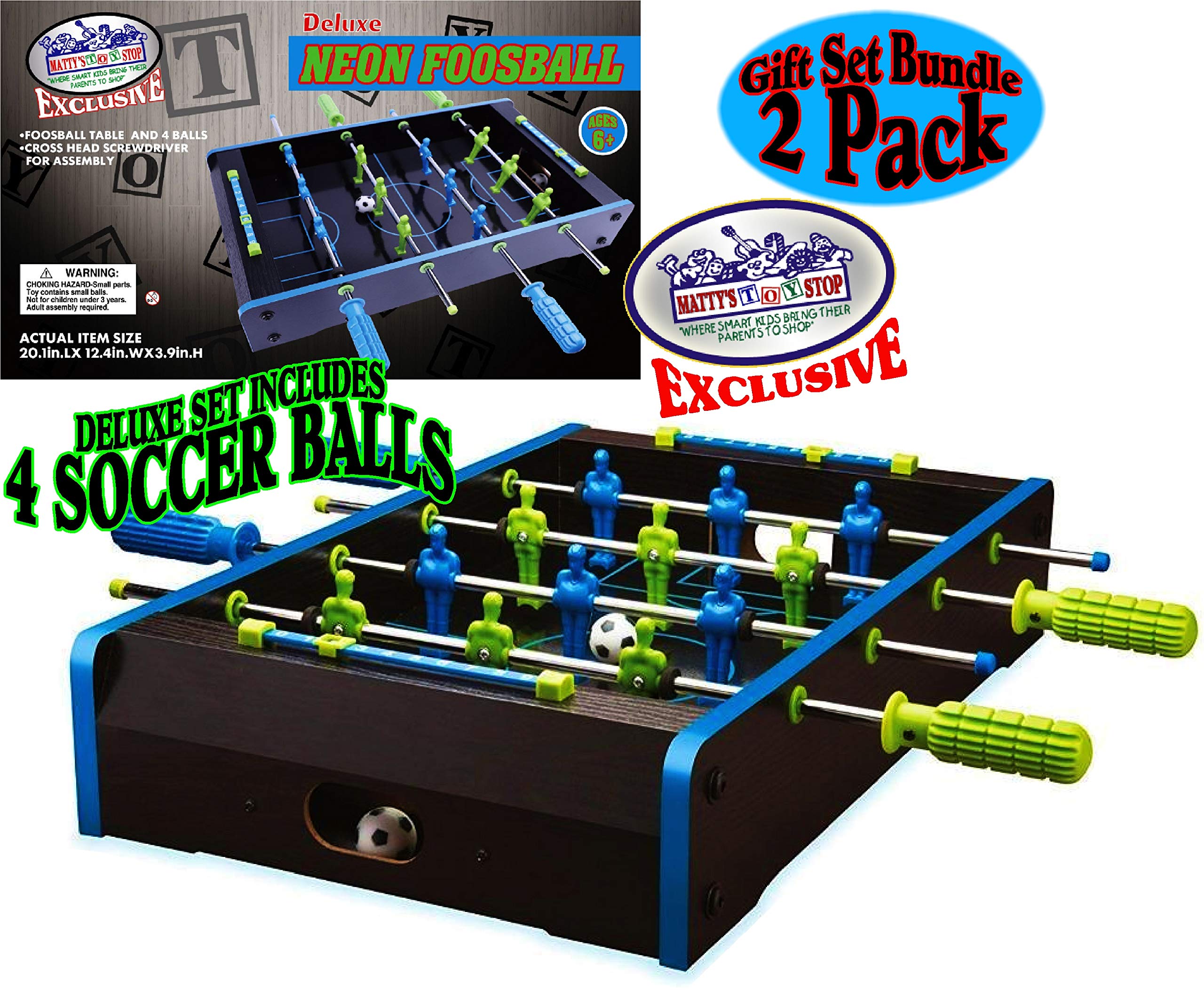 Matty's Toy Stop Deluxe 20" Wooden Tabletop NEON Air Hockey (Extra Pucks) & NEON Foosball (Soccer) (Extra Balls) Games Gift Set Bundle - 2 Pack