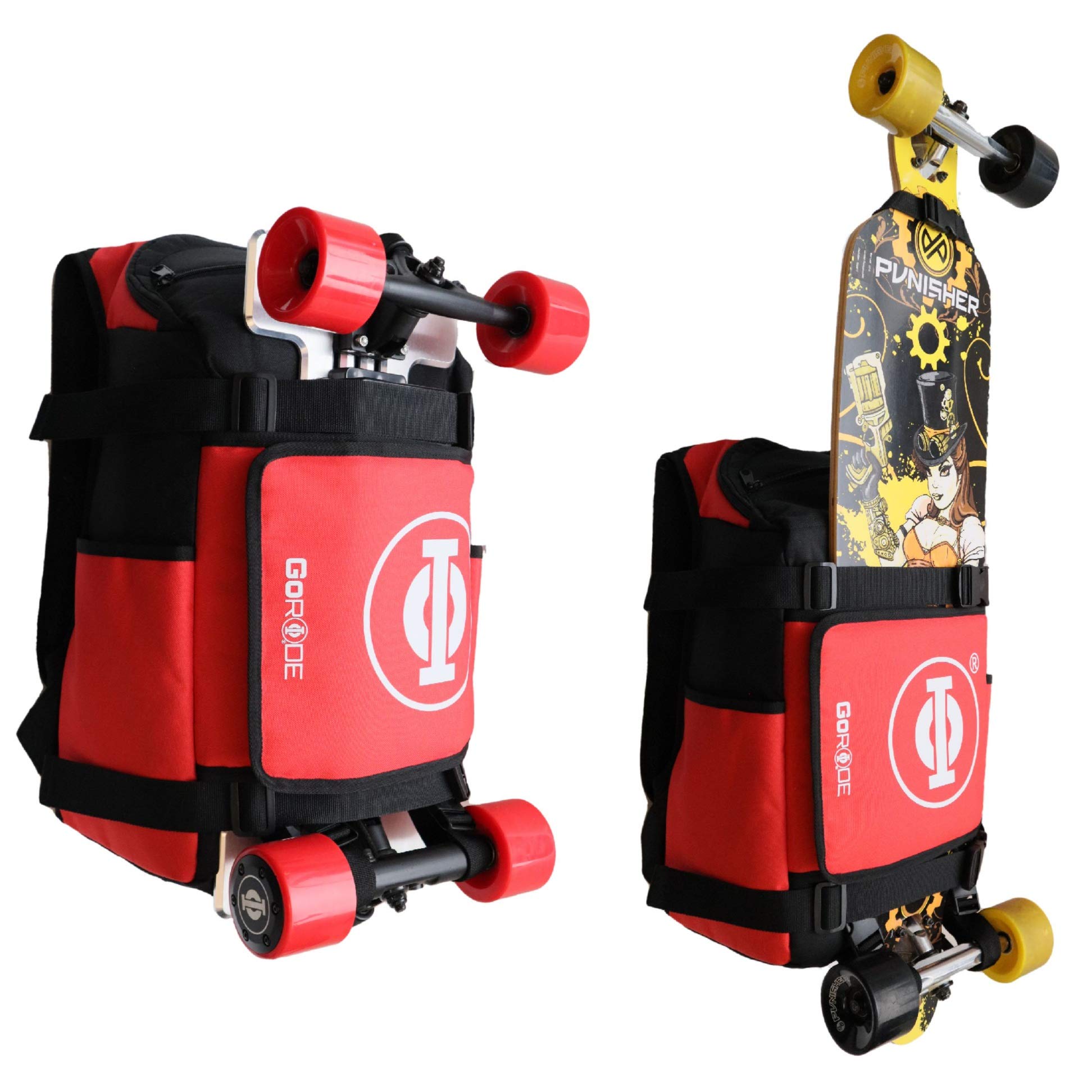 GoRide Electric Longboard Skateboard Backpack Bag Carrier with Laptop Holder (Black, Red)