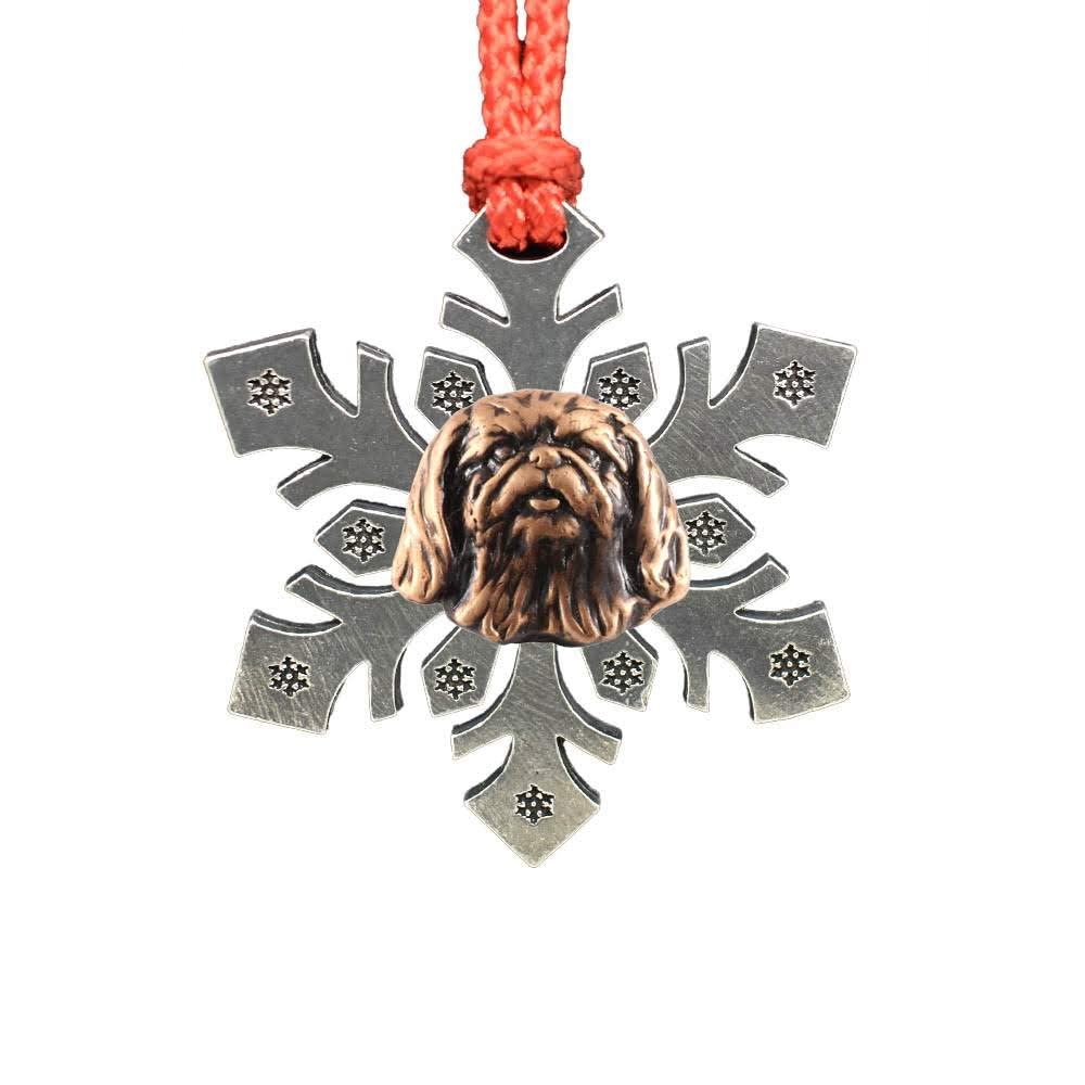 Handcrafted Copper Plated Pekingese Head Hanging Snowflake Ornament for Decorating Holiday Wreaths and Christmas Trees - Made in United States - SKU DC136SF