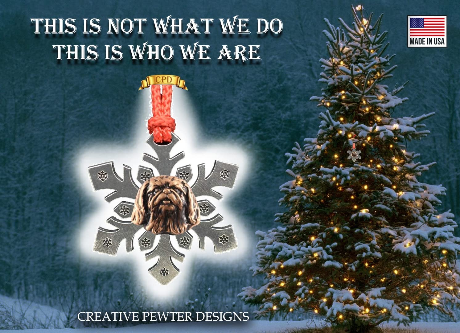 Handcrafted Copper Plated Pekingese Head Hanging Snowflake Ornament for Decorating Holiday Wreaths and Christmas Trees - Made in United States - SKU DC136SF