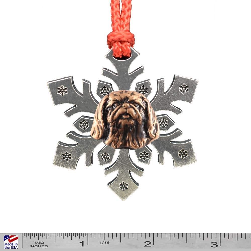 Handcrafted Copper Plated Pekingese Head Hanging Snowflake Ornament for Decorating Holiday Wreaths and Christmas Trees - Made in United States - SKU DC136SF