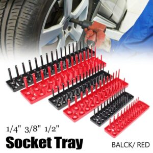 6PCS Socket Organizer Tray Set, Red SAE & Black Metric Socket Storage Holder, 1/4-Inch, 3/8-Inch & 1/2-Inch Drive Deep and Shadow Socket Holders for Toolboxes