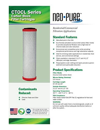 Neo-Pure CTOCL-2510 9-7/8" x 2-1/2" Coconut Shell Carbon Block Filter 0.5 micron - Single