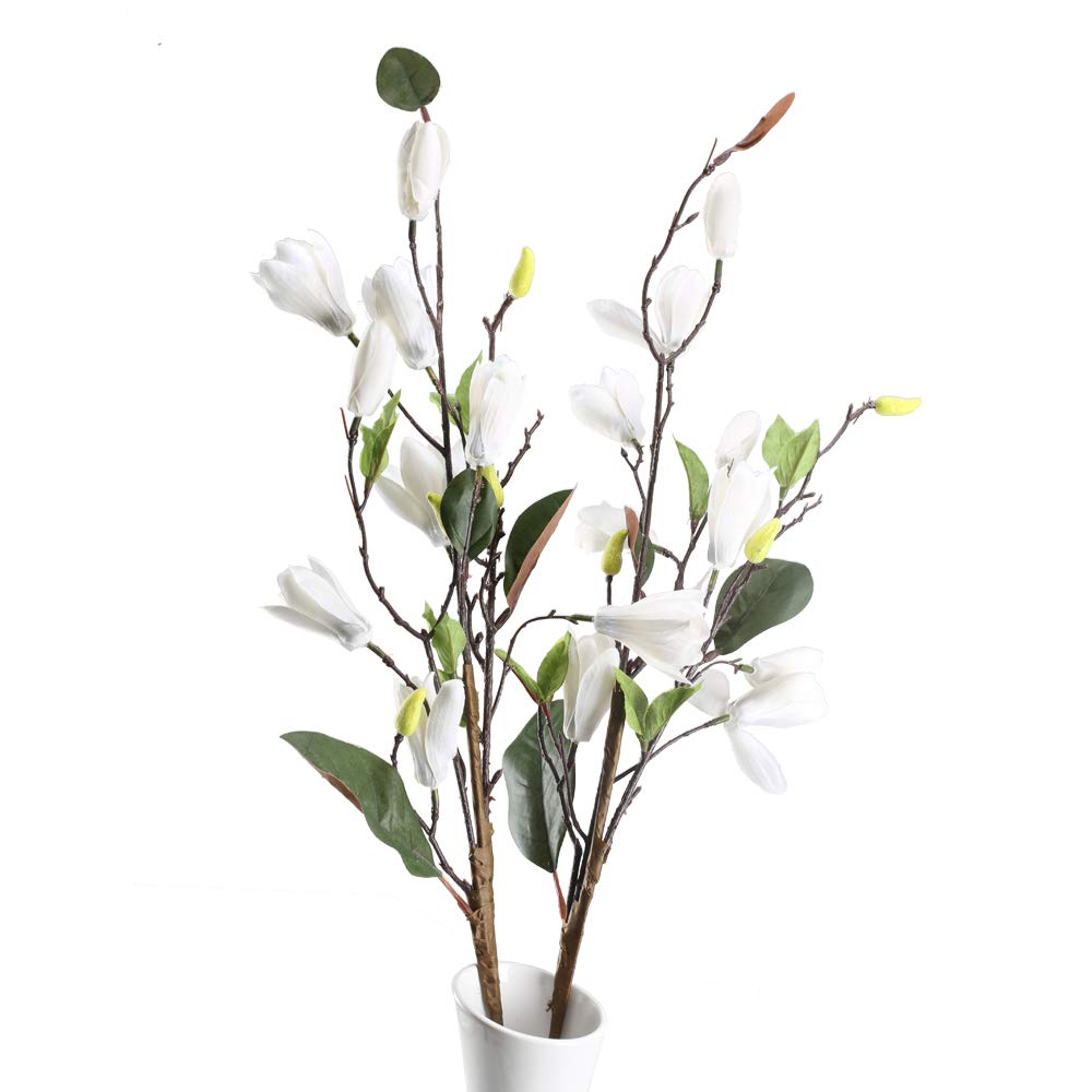 HO2NLE 2PCS Artificial Silk Magnolia Flowers Real Touch Fake Floral Branches Home Garden Restrant Hotel Parties Wedding Table Centenpieces Arrangements Decor Spray in White 30 inches