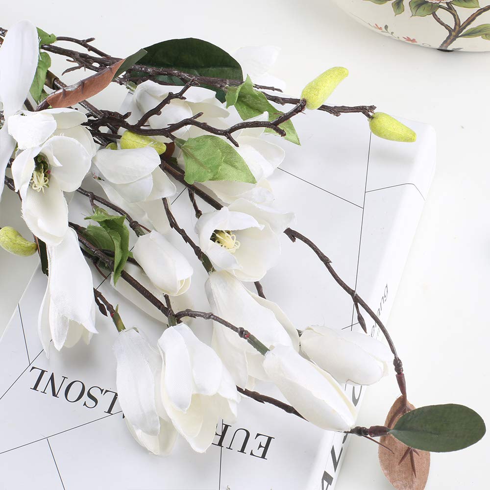 HO2NLE 2PCS Artificial Silk Magnolia Flowers Real Touch Fake Floral Branches Home Garden Restrant Hotel Parties Wedding Table Centenpieces Arrangements Decor Spray in White 30 inches