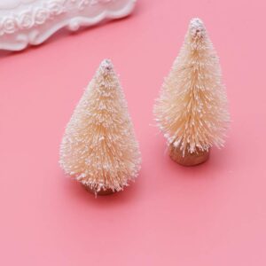 Amosfun 18pcs Mini Pine Trees Sisal Trees Miniature Christmas Tree with Wood Base Christmas Desktop Decorations 6.5cm (Beige)