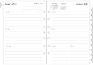 2024 weekly & monthly planner refill, 5-1/2" x 8-1/4", runs from january 2024 to december 2024, ruled daily boxes, classic/desk size 4, 7-hole punched