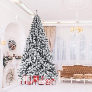 spsupe artificial christmas tree, premium pvc xmas full, flocked snow pine tree with solid metal stand, ideal for indoor and outdoor (9ft), white