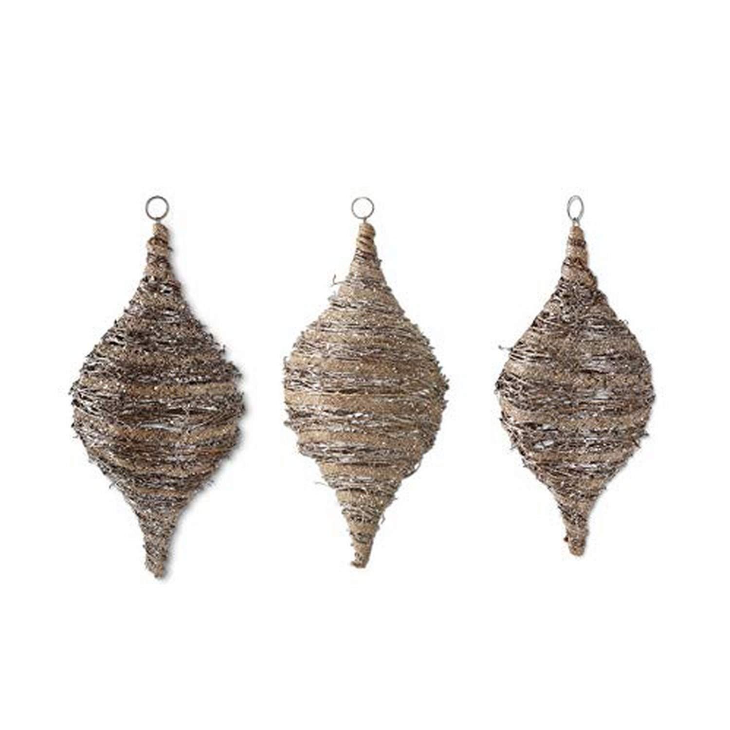 K&K Interiors 53579A Set of 3 Glittered Rattan and Sisal Teardrop Ornaments