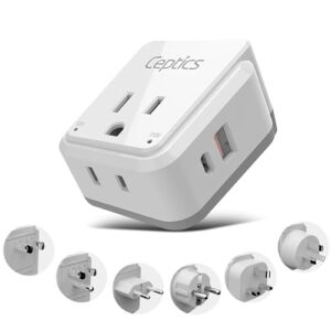 ceptics world power plug adapter set, dual usb & usb-c 3.1a, 20w with qc-pd, 2 usa outlet compact & powerful, use in europe, asia, australia, japan, includes type a, b, c, e/f, g, i swadapt attachment