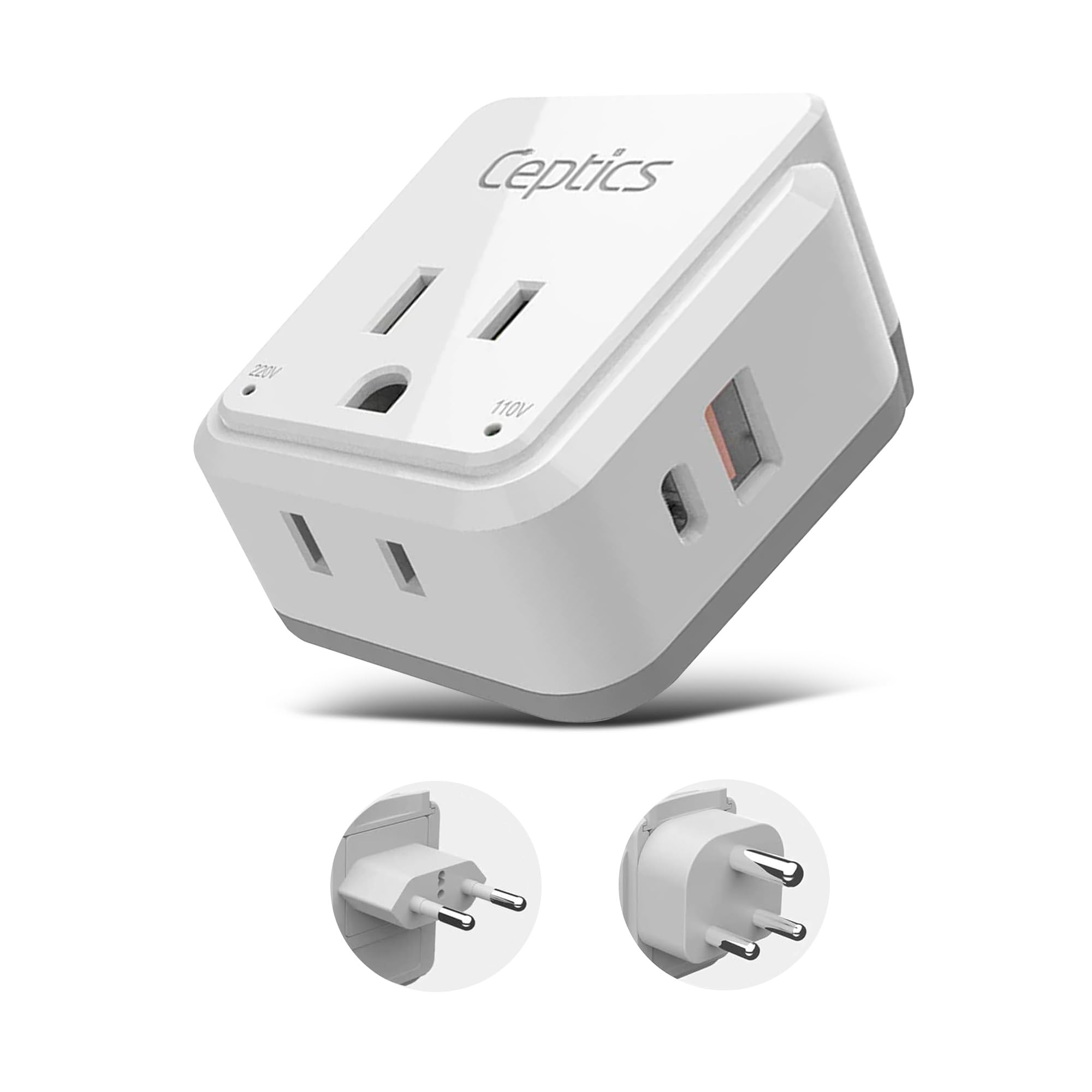 Ceptics India, Maldives Power Plug Adapter Travel Set, 20W PD & QC, Safe Dual USB & USB-C 3.1A - 2 USA Outlet - Compact - Use In Pakistan, Nepal, Bangladesh Includes Type D, Type C SWadAPt Attachments