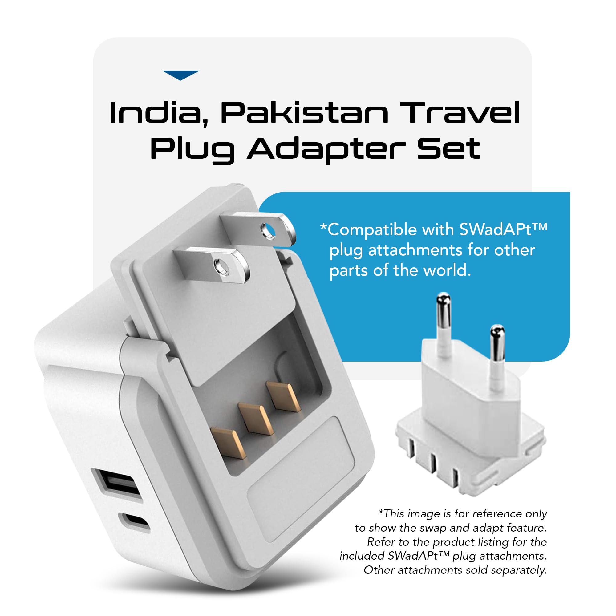 Ceptics India, Maldives Power Plug Adapter Travel Set, 20W PD & QC, Safe Dual USB & USB-C 3.1A - 2 USA Outlet - Compact - Use In Pakistan, Nepal, Bangladesh Includes Type D, Type C SWadAPt Attachments