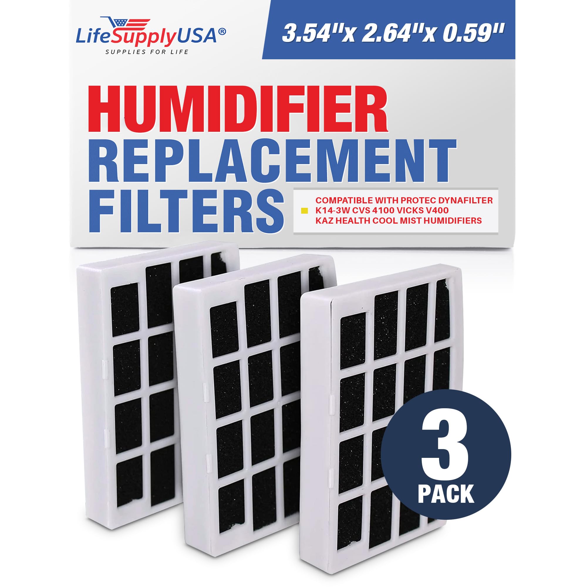 LifeSupplyUSA Humidifier Filter Replacement Air Cleaning Cartridge Compatible with Protec DynaFilter K14-3W CVS 4100 Vicks V400 Kaz Health Cool Mist Humidifiers (3-Pack)