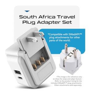 Ceptics South Africa Power Adapter Travel Set - 20W PD & QC, Fast & Safe with Dual USB & USB-C - 2 USA Outlet - Use All Over Africa, Zimbabwe, Morocco - Includes Type E/F, M, G SWadAPt Attachments