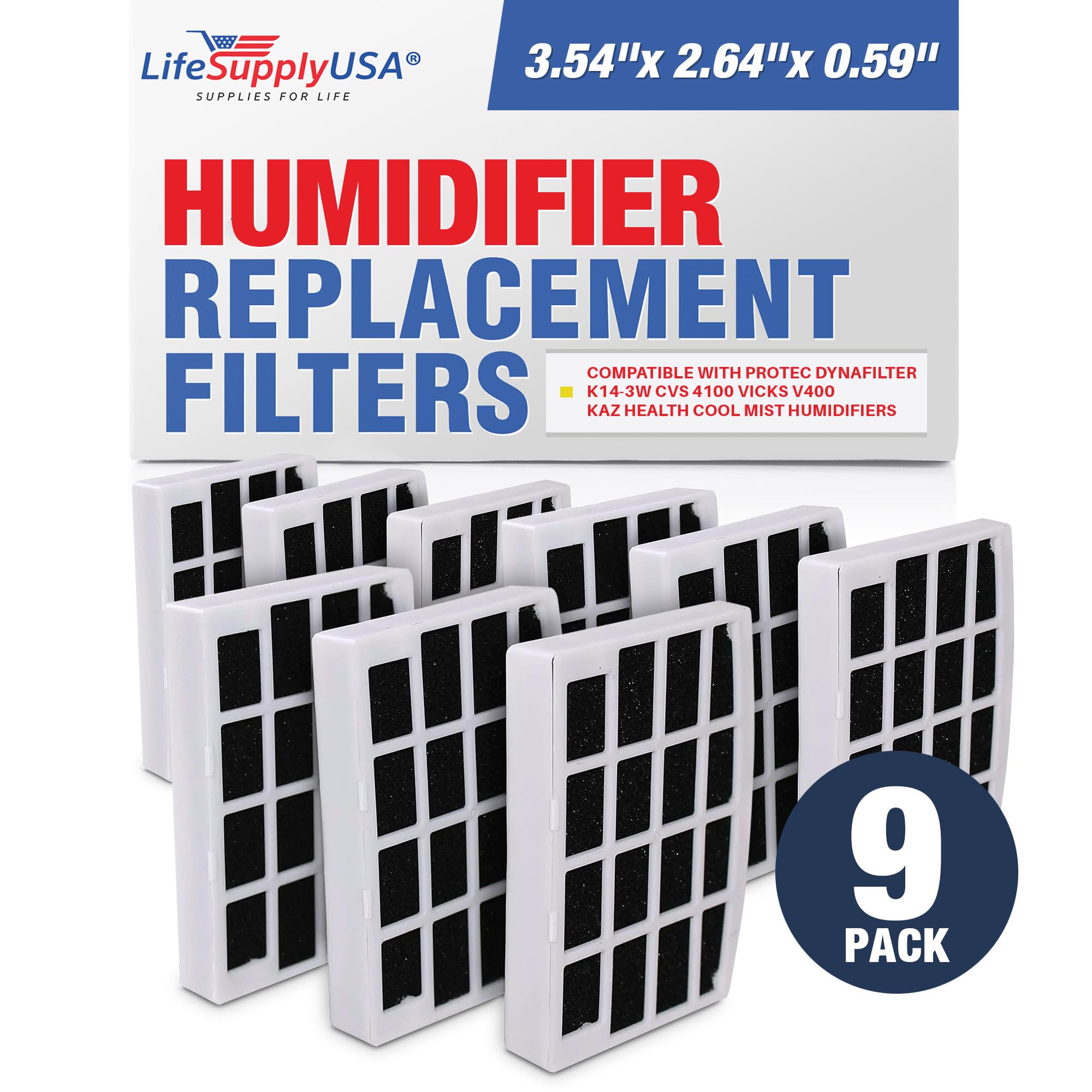 LifeSupplyUSA Humidifier Filter Replacement Air Cleaning Cartridge Compatible with Protec DynaFilter K14-3W CVS 4100 Vicks V400 Kaz Health Cool Mist Humidifiers (9-Pack)