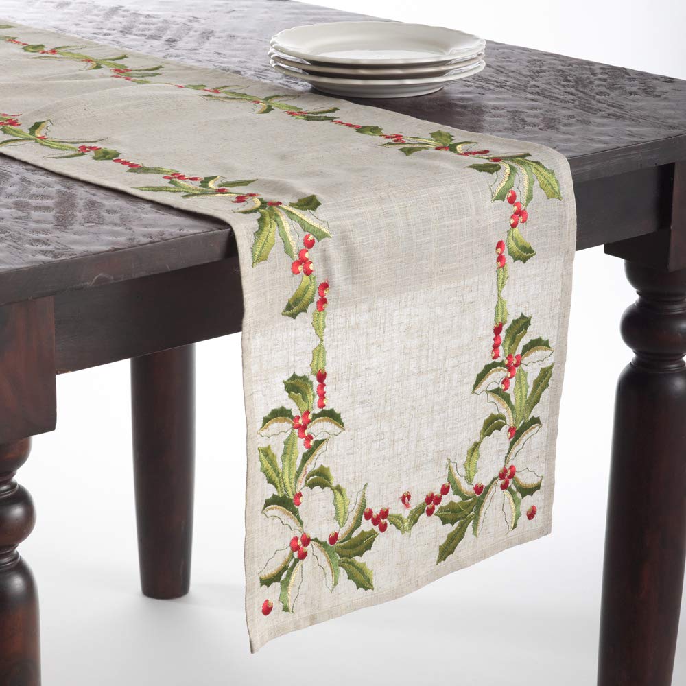 Fennco Styles Embroidered Holly Design Christmas Linen Blend Table Runner 16 x 90 Inch - Natural Table Cover for Home Décor, Banquets, Holiday Gathering and Special Events