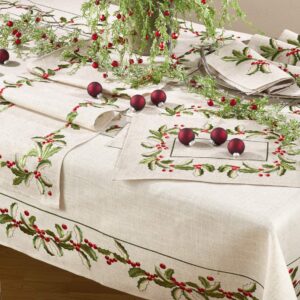 Fennco Styles Embroidered Holly Design Christmas Linen Blend Table Runner 16 x 90 Inch - Natural Table Cover for Home Décor, Banquets, Holiday Gathering and Special Events