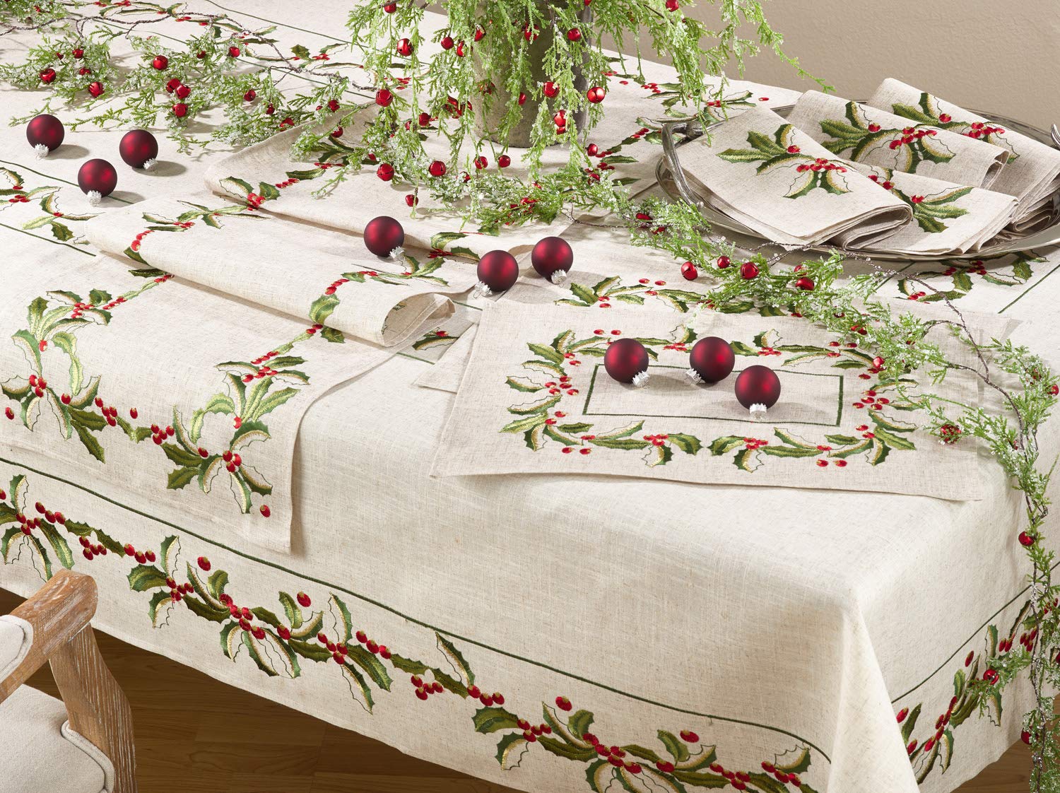 Fennco Styles Embroidered Holly Design Christmas Linen Blend Table Runner 16 x 90 Inch - Natural Table Cover for Home Décor, Banquets, Holiday Gathering and Special Events