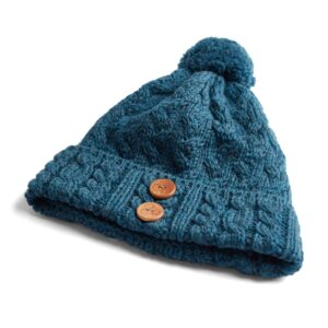 aran woollen mills ladies winter hat - super soft 100% merino wool -warm beanie with buttons (dark teal)