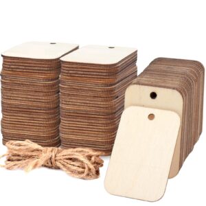 100 pcs unfinished wood pieces rectangle-shaped, light wooden cutout natural rustic with hole, and 2m hemp rope, for craft projects, hanging decorations, painting, staining (2” x 1.3”)