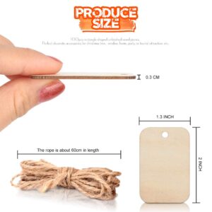 100 Pcs Unfinished Wood Pieces Rectangle-Shaped, Light Wooden Cutout Natural Rustic with Hole, and 2M Hemp Rope, for Craft Projects, Hanging Decorations, Painting, Staining (2” x 1.3”)