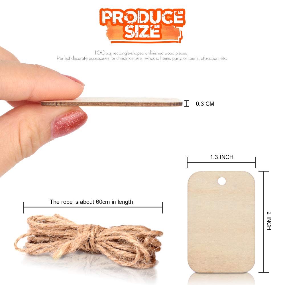 100 Pcs Unfinished Wood Pieces Rectangle-Shaped, Light Wooden Cutout Natural Rustic with Hole, and 2M Hemp Rope, for Craft Projects, Hanging Decorations, Painting, Staining (2” x 1.3”)