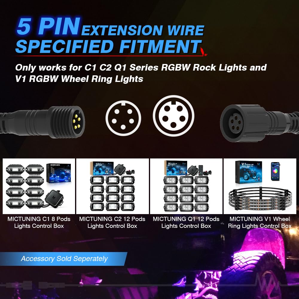 MICTUNING 10FT 5Pin Extension Wire Cable Cord for C1 C2 Q1 RGBW Series LED Rock Lights V1 Wheel Ring Lights (2 Pack)