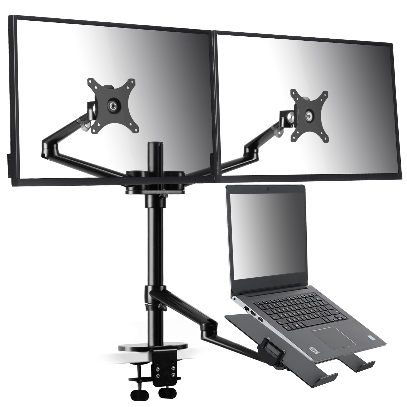 Viozon Monitor and Laptop Mount, 3-in-1 Adjustable Triple Monitor Arm Desk Mounts, Dual Desk Arm Stand/Holder for 17 to 27 Inch LCD Computer Screens, Extra Tray Fits 12 to 17 inch Laptops (OL-10T-B)