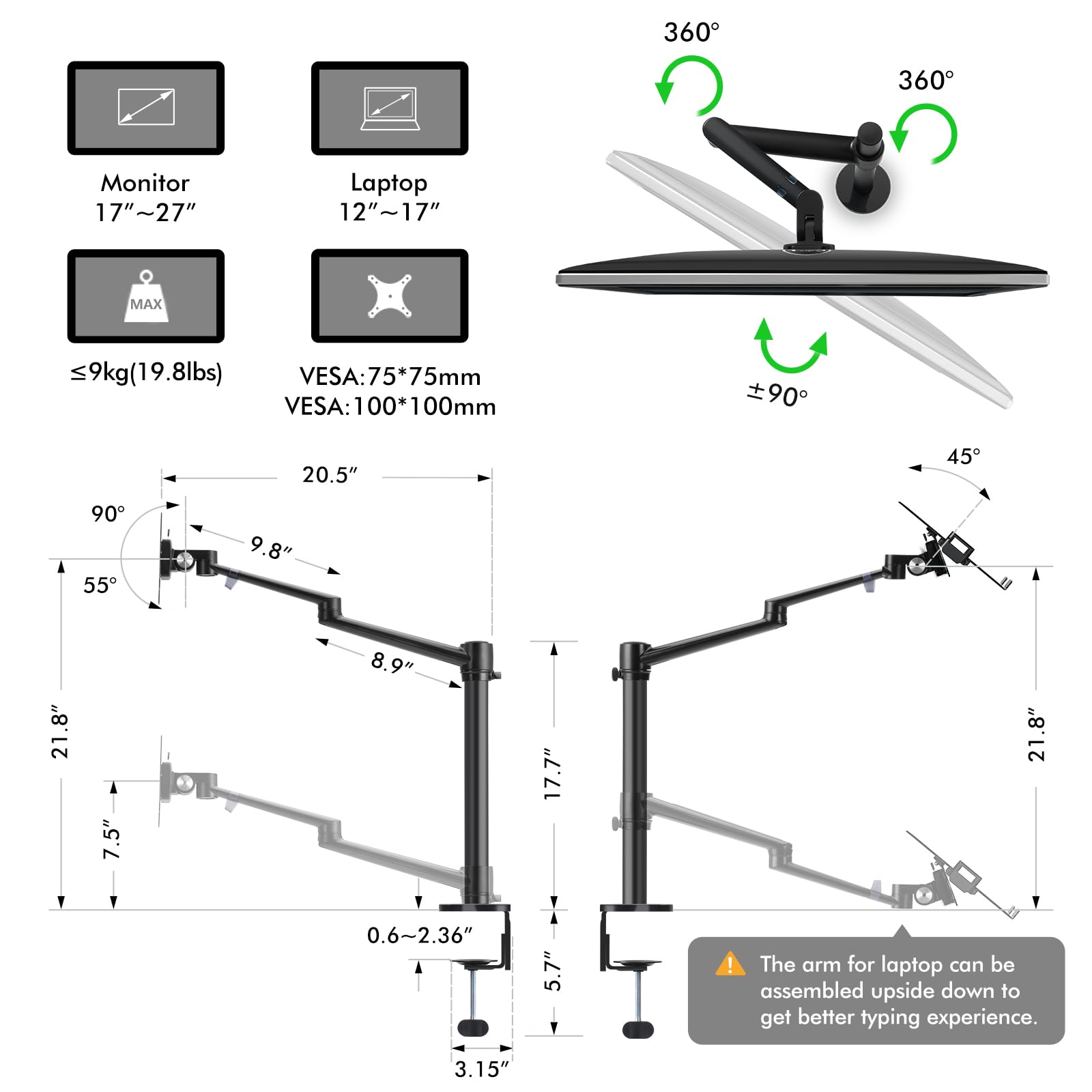 Viozon Monitor and Laptop Mount, 3-in-1 Adjustable Triple Monitor Arm Desk Mounts, Dual Desk Arm Stand/Holder for 17 to 27 Inch LCD Computer Screens, Extra Tray Fits 12 to 17 inch Laptops (OL-10T-B)