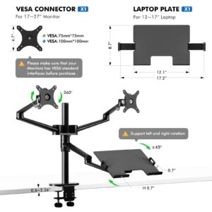 Viozon Monitor and Laptop Mount, 3-in-1 Adjustable Triple Monitor Arm Desk Mounts, Dual Desk Arm Stand/Holder for 17 to 27 Inch LCD Computer Screens, Extra Tray Fits 12 to 17 inch Laptops (OL-10T-B)