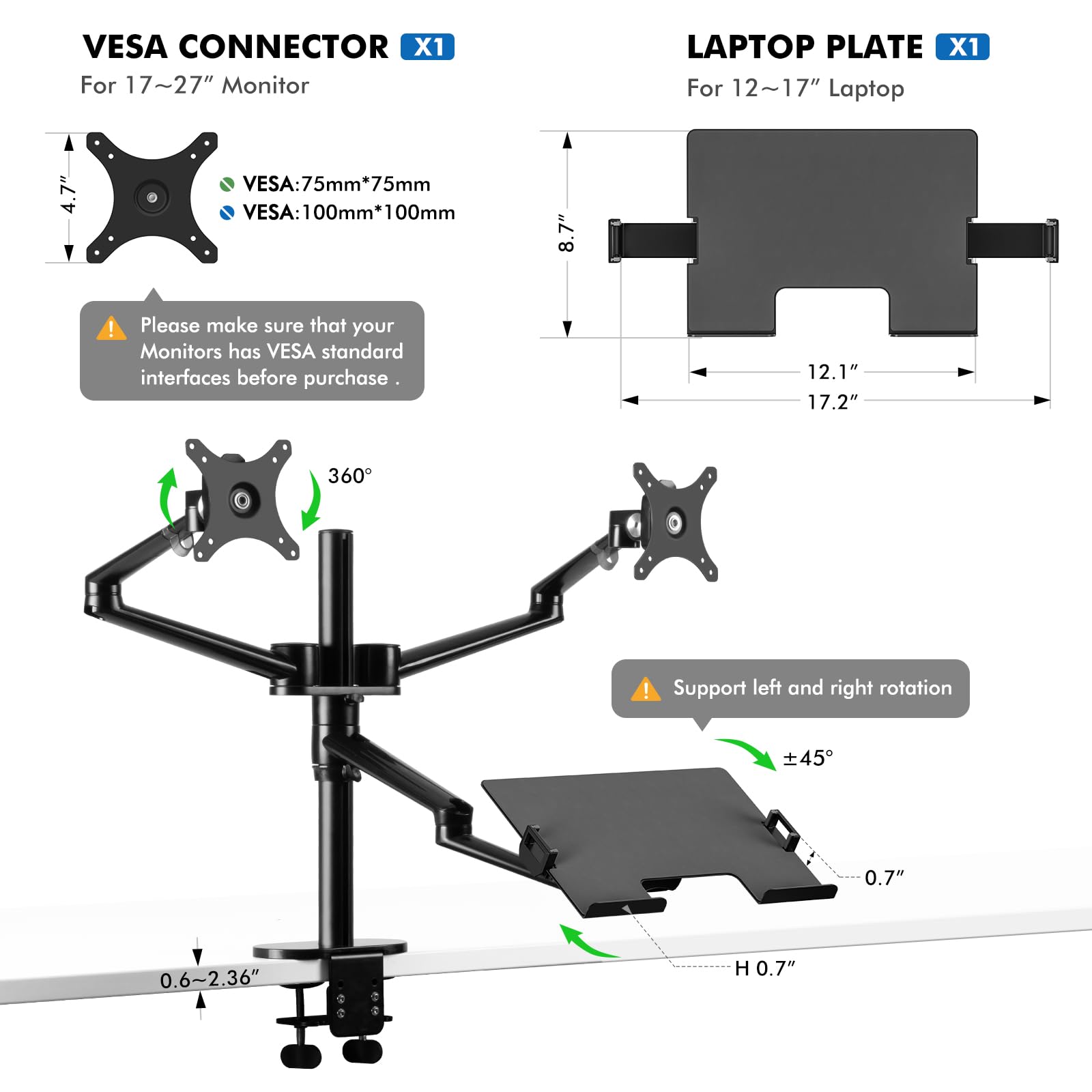 Viozon Monitor and Laptop Mount, 3-in-1 Adjustable Triple Monitor Arm Desk Mounts, Dual Desk Arm Stand/Holder for 17 to 27 Inch LCD Computer Screens, Extra Tray Fits 12 to 17 inch Laptops (OL-10T-B)