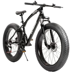 max4out 26 inch fat tire mountain bike, 21 speed with dual front suspension, double disc brake and high carbon steel frame anti-slip bicycle, mens and womens, black