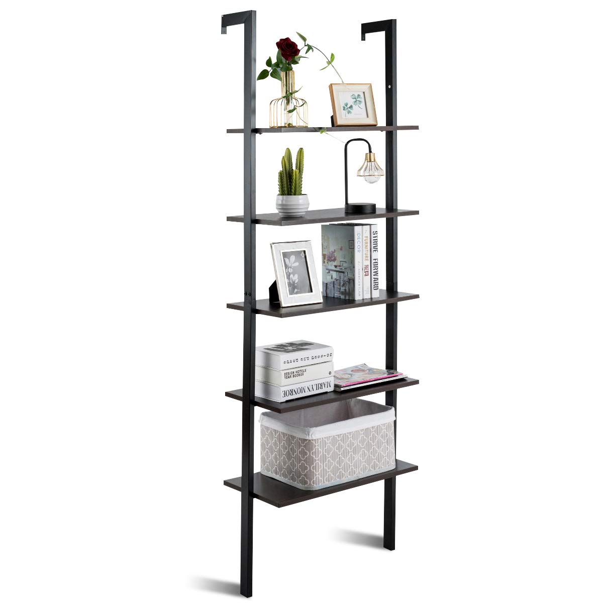 Tangkula 5-Shelf Bookcase, Modern 5-Tier Wood Wall Mounted Ladder Bookshelf with Metal Frame, 72 Inches Tall Industrial Open Ladder Shelf Display Rack Storage Shelves for Home Office (Dark-Brown, 1)