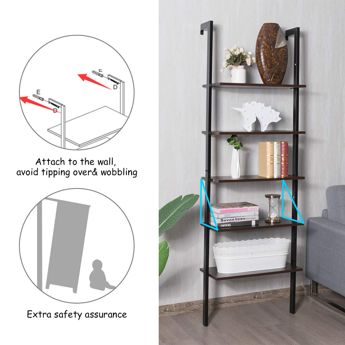 Tangkula 5-Shelf Bookcase, Modern 5-Tier Wood Wall Mounted Ladder Bookshelf with Metal Frame, 72 Inches Tall Industrial Open Ladder Shelf Display Rack Storage Shelves for Home Office (Dark-Brown, 1)