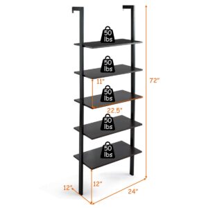 Tangkula 5-Shelf Bookcase, Modern 5-Tier Wood Wall Mounted Ladder Bookshelf with Metal Frame, 72 Inches Tall Industrial Open Ladder Shelf Display Rack Storage Shelves for Home Office (Dark-Brown, 1)