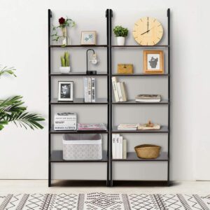 Tangkula 5-Shelf Bookcase, Modern 5-Tier Wood Wall Mounted Ladder Bookshelf with Metal Frame, 72 Inches Tall Industrial Open Ladder Shelf Display Rack Storage Shelves for Home Office (Dark-Brown, 1)