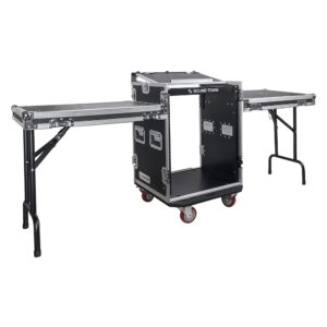 sound town 14u pa dj rack/road ata case with 11u slant mixer top, 20’’ rackable depth, 2 dj work tables and casters, 14-space size, pro tour grade (stmr-14uwt2)