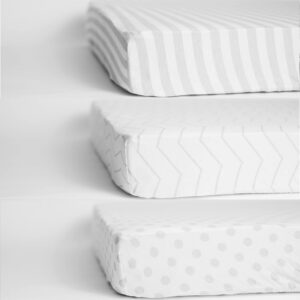 nodnal co. 3 fitted crib sheets gray set - 100% oeko-tex cotton for baby girl/boy nursery bedding - gender neutral chevron, polka dot & stripe - standard baby or toddler crib mattress 28”x52”x9” sheet